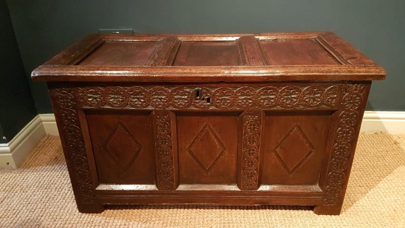 Superb Small Early Oak Three Panel Coffer | Sturmans Antiques