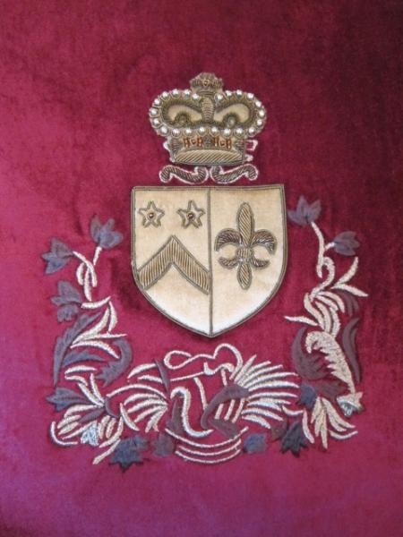 Maroon Velvet Embroidered Crest Cushion | Sturmans Antiques